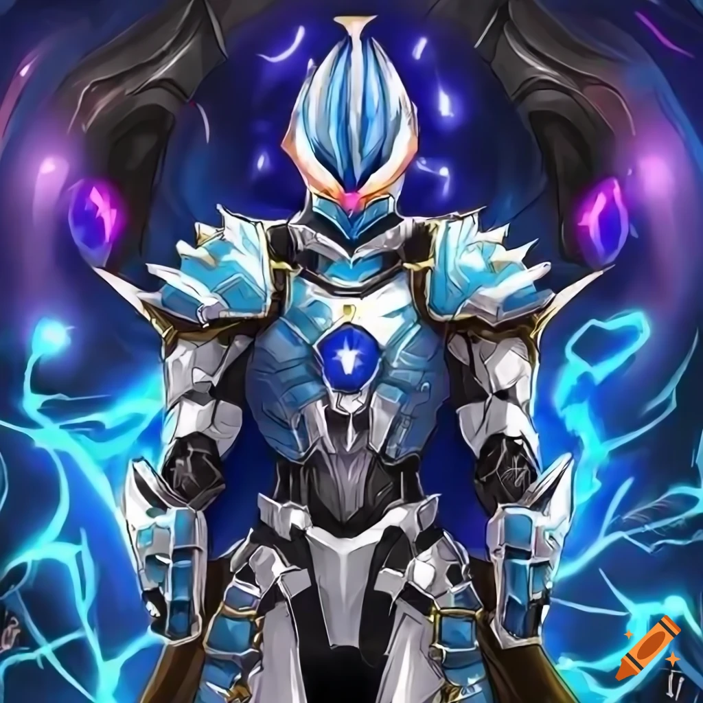 Fantasy Galactic-overlord character in blue armor with dark energy ...