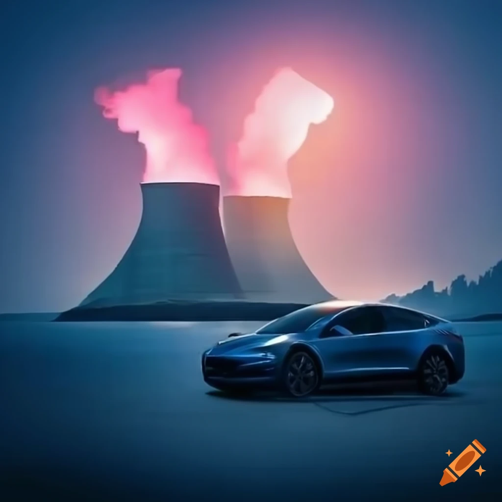 Elon Musk's Tesla Model Y at a nuclear power plant on Craiyon