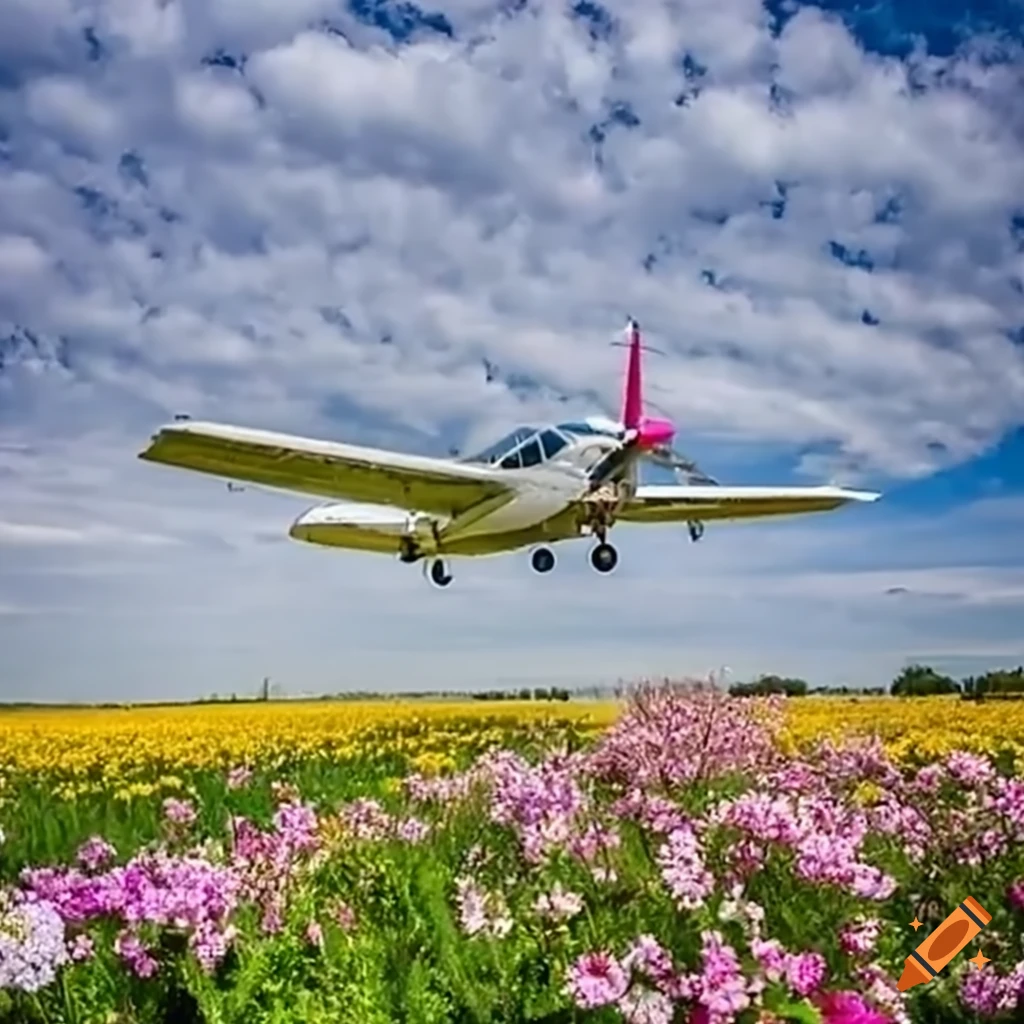 Plane landing in spring flowers surrounded by pink trees on Craiyon