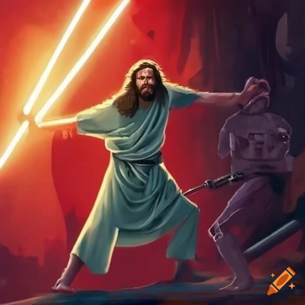 Jesus with a laser sword battling a demon in an epic scene on Craiyon