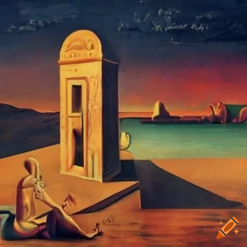 Surrealist landscape painting by de chirico and dali on Craiyon