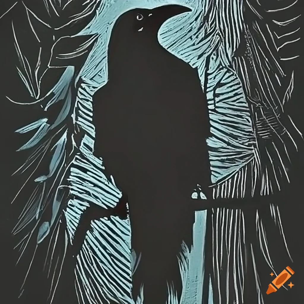 Raven portrayed in high contrast modern linocut style on Craiyon