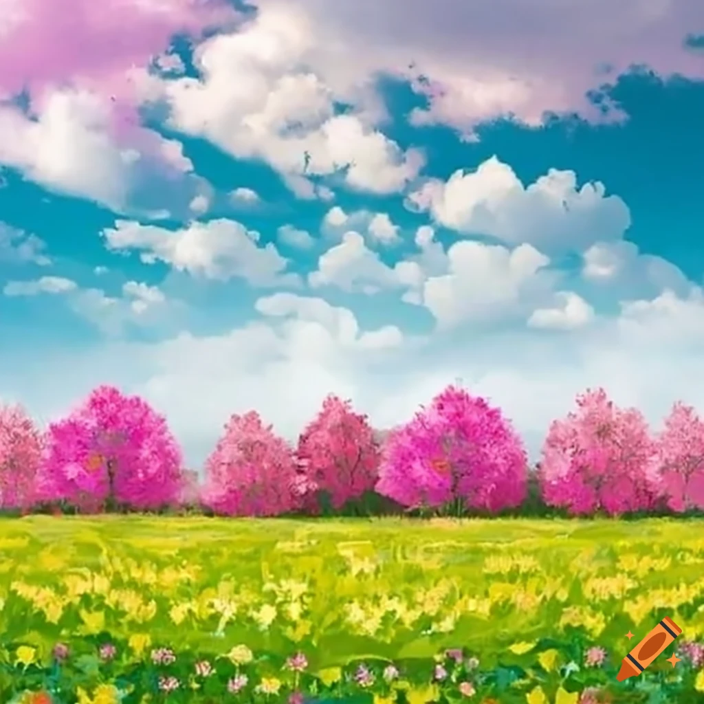 Spring flowers field with pink trees in bloom on Craiyon