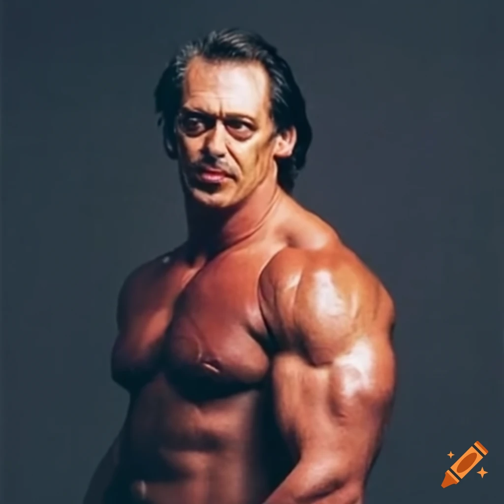 Steve buscemi portrayed as a bodybuilder during wwe 1985 on Craiyon
