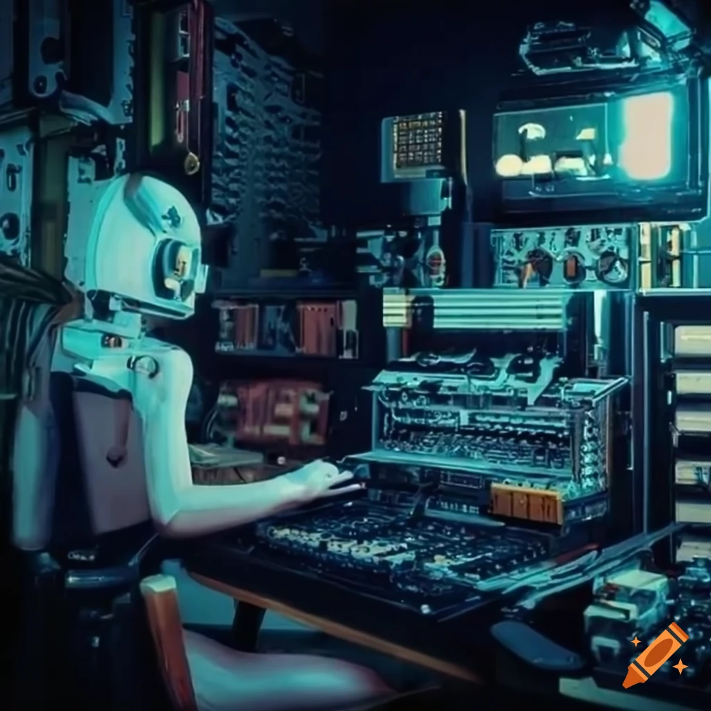Retro sci-fi workroom with computers, synthesizers, and human female ...