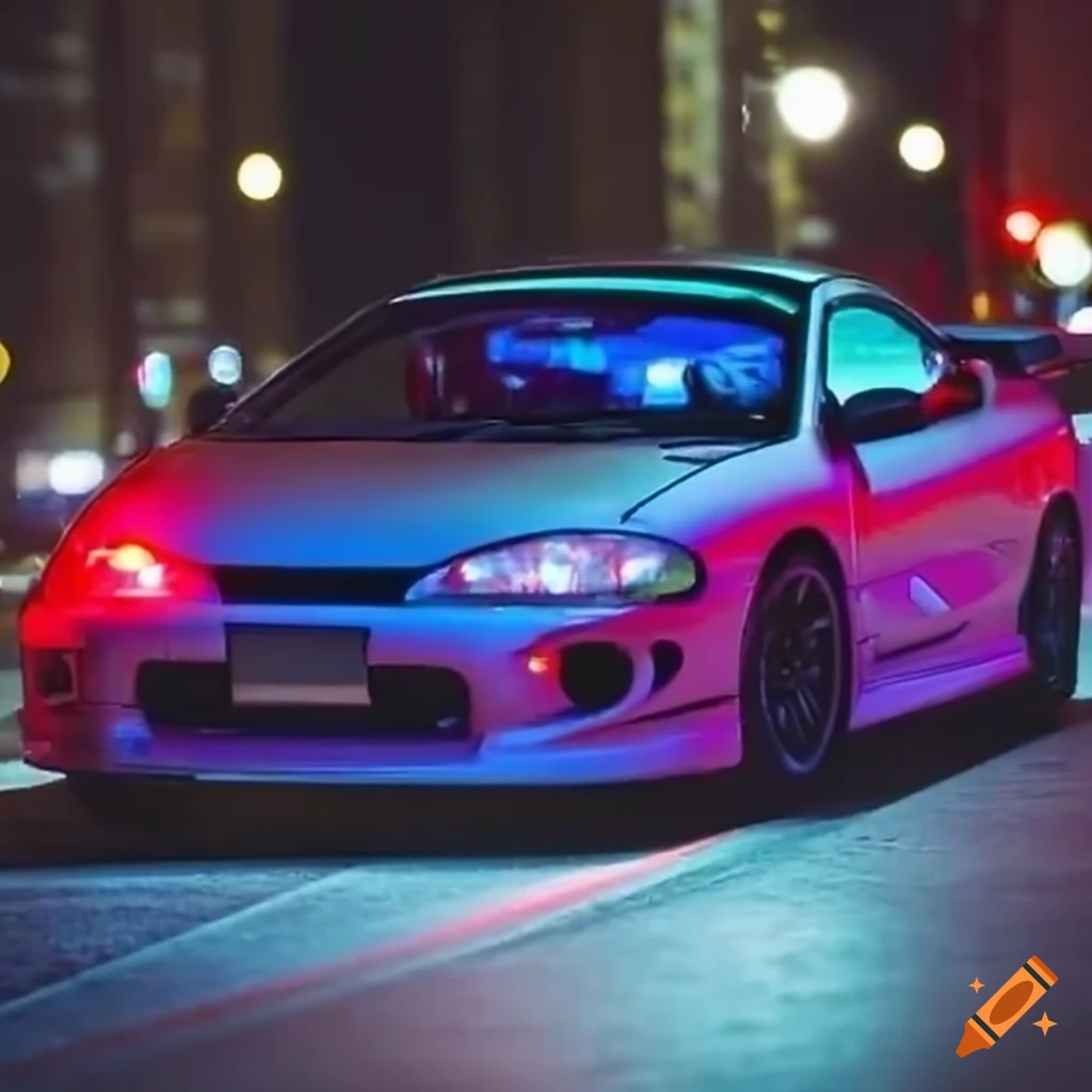 Neon mitsubishi eclipse racing in a city at night on Craiyon