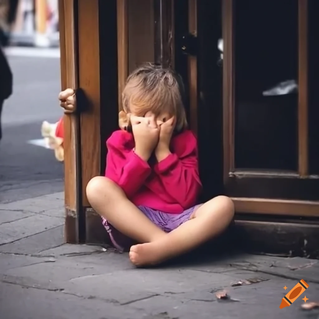 Sad hungry child sitting outside a restaurant begging for food on Craiyon