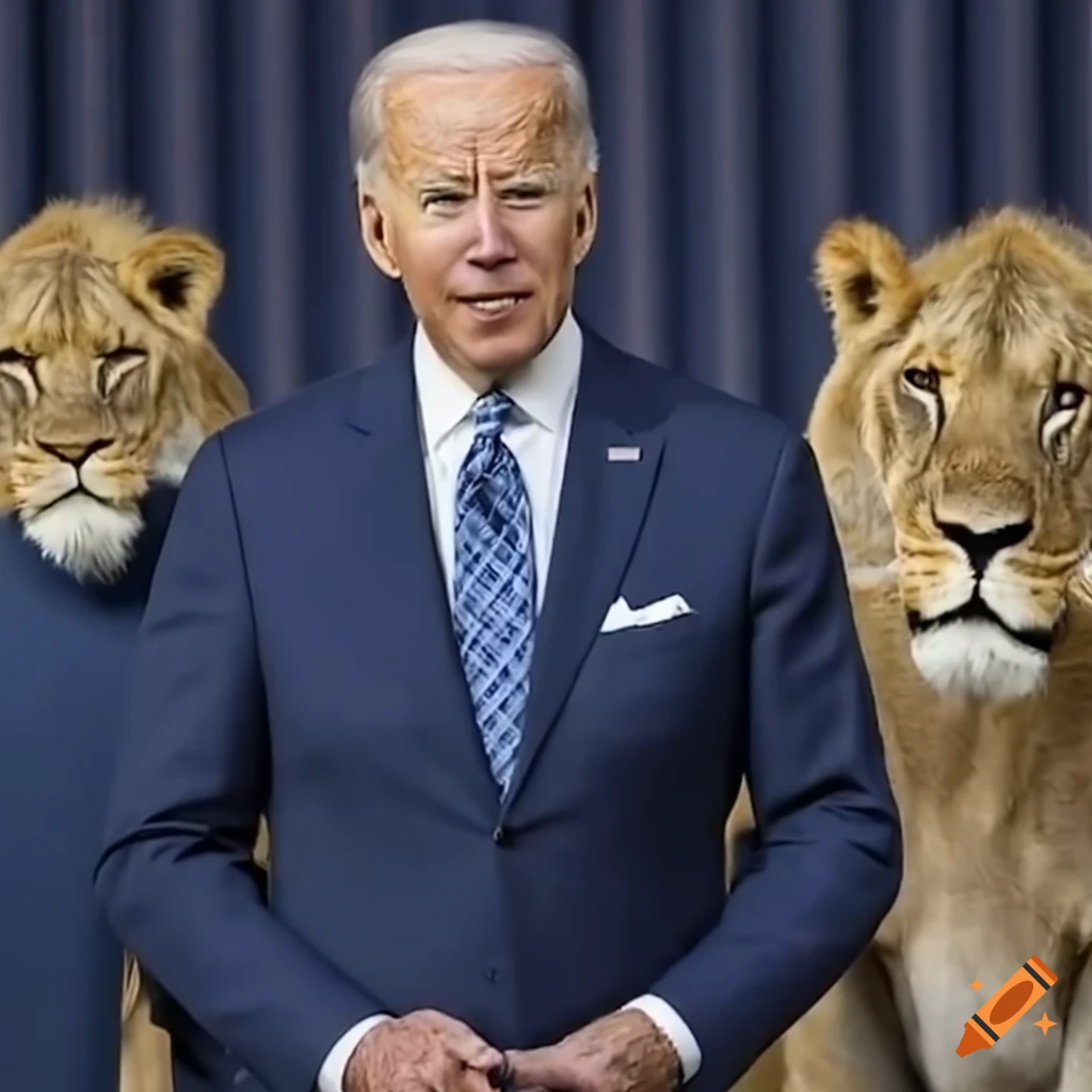 President biden standing with a pack of lions on Craiyon