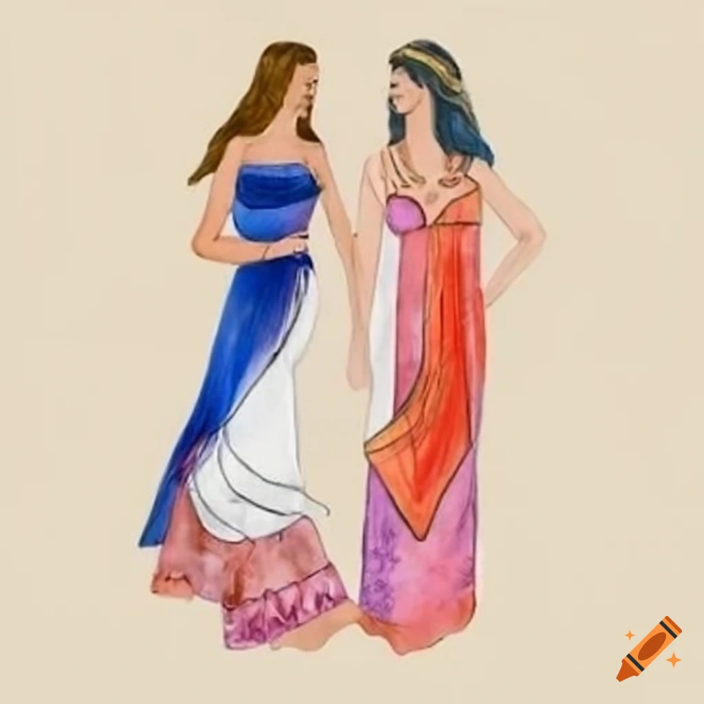 Two women in Greek tunics and traditional Greek clothing on Craiyon