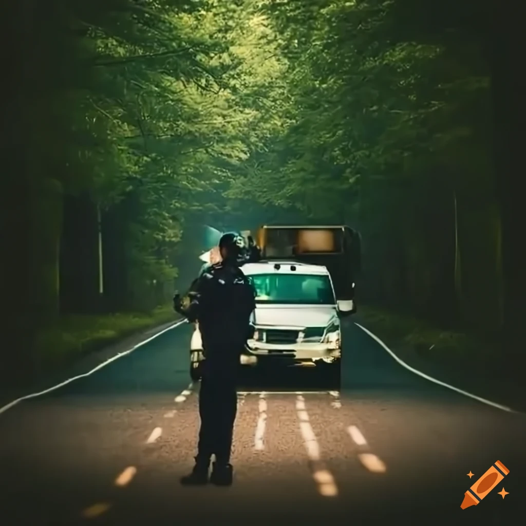 Man talking with police on a road surrounded by trees on Craiyon