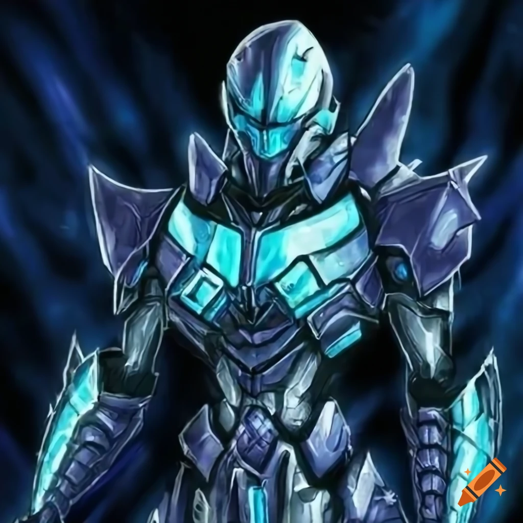 Elite warrior in futuristic armor in Yu-Gi-Oh! card art on Craiyon