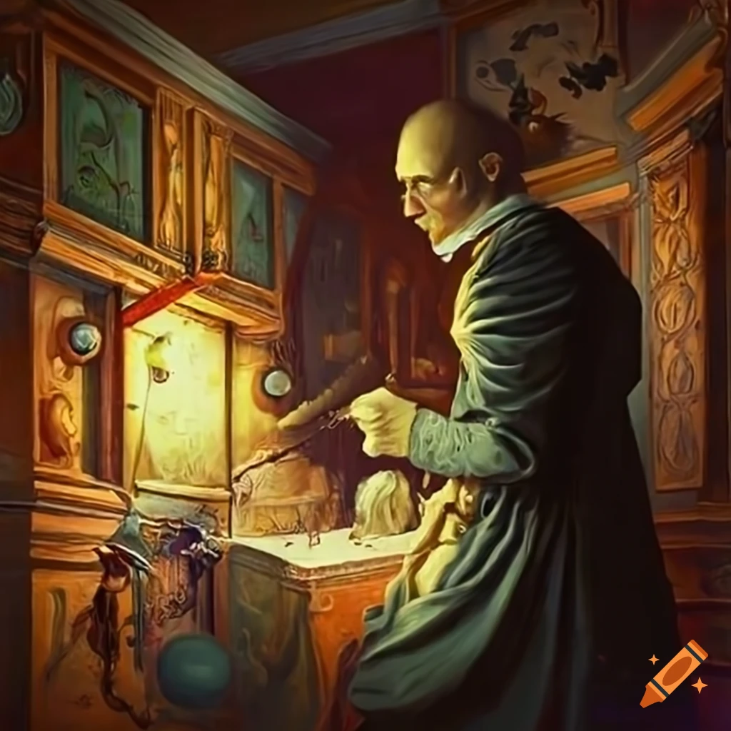 Victorian scientists exploring an ancient eldritch chamber in a surreal ...