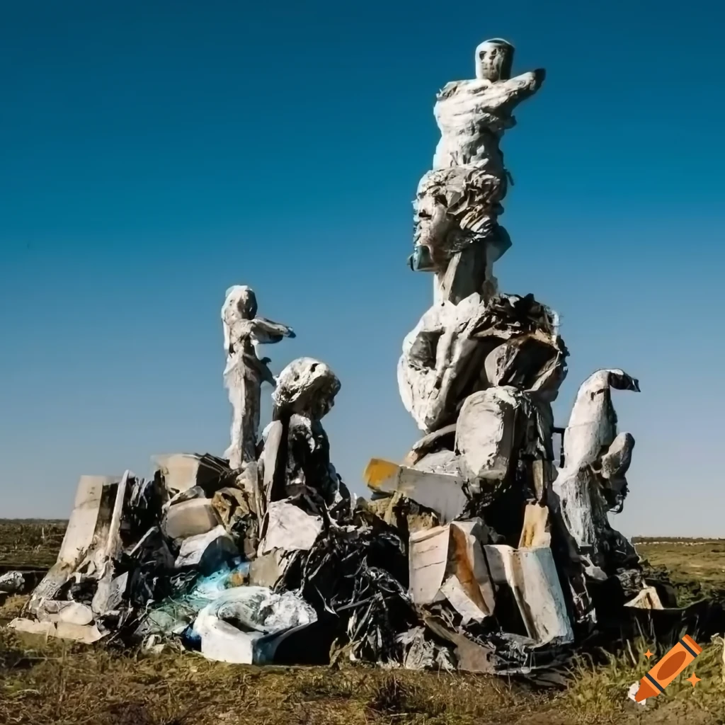 Pile of destroyed statues in a post-apocalyptic landscape under soft ...