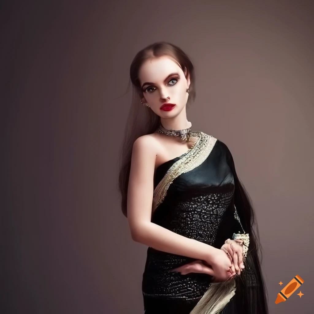 Elegantly dressed russian lady in a black sari on Craiyon