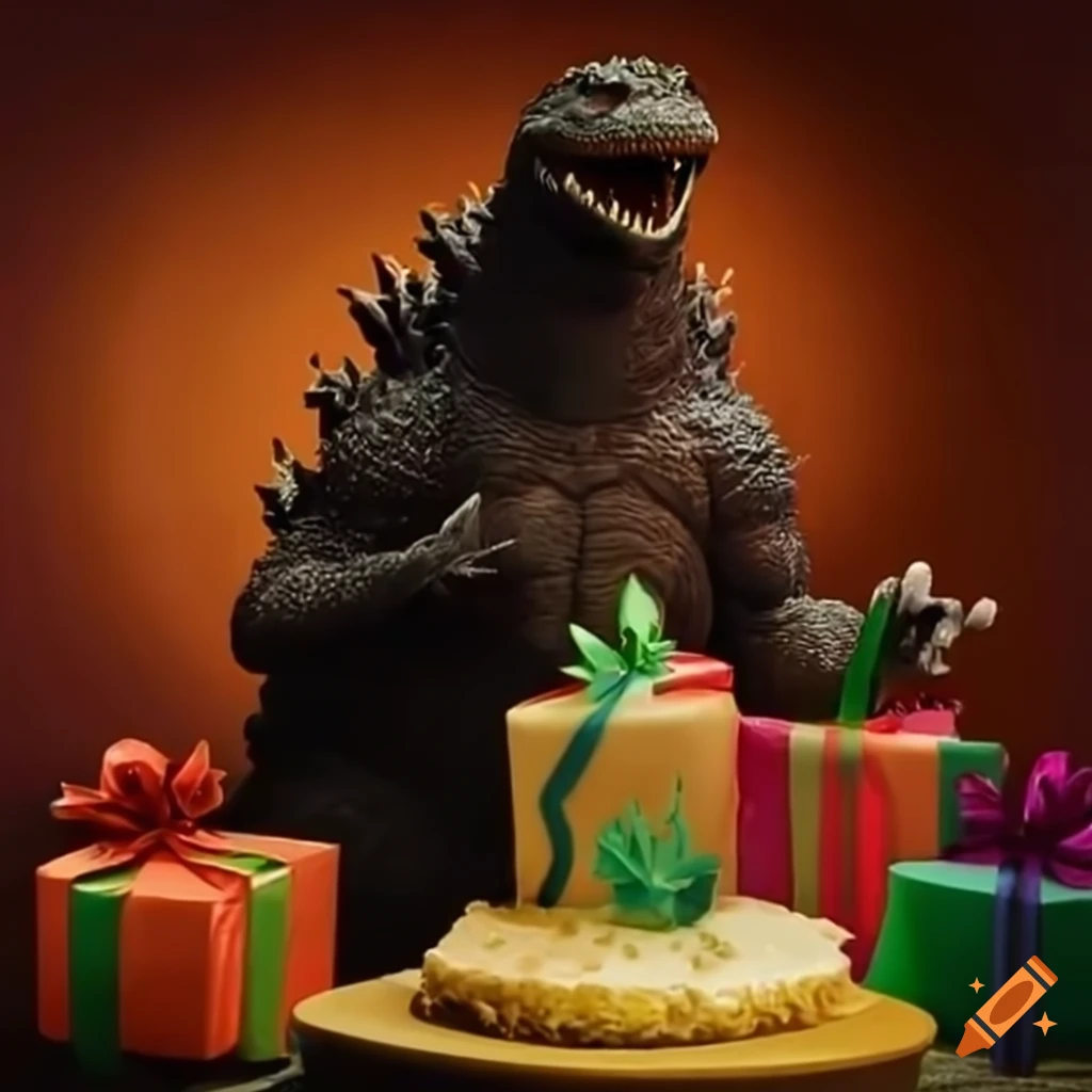 Godzilla celebrating his birthday at home with presents and cake on Craiyon