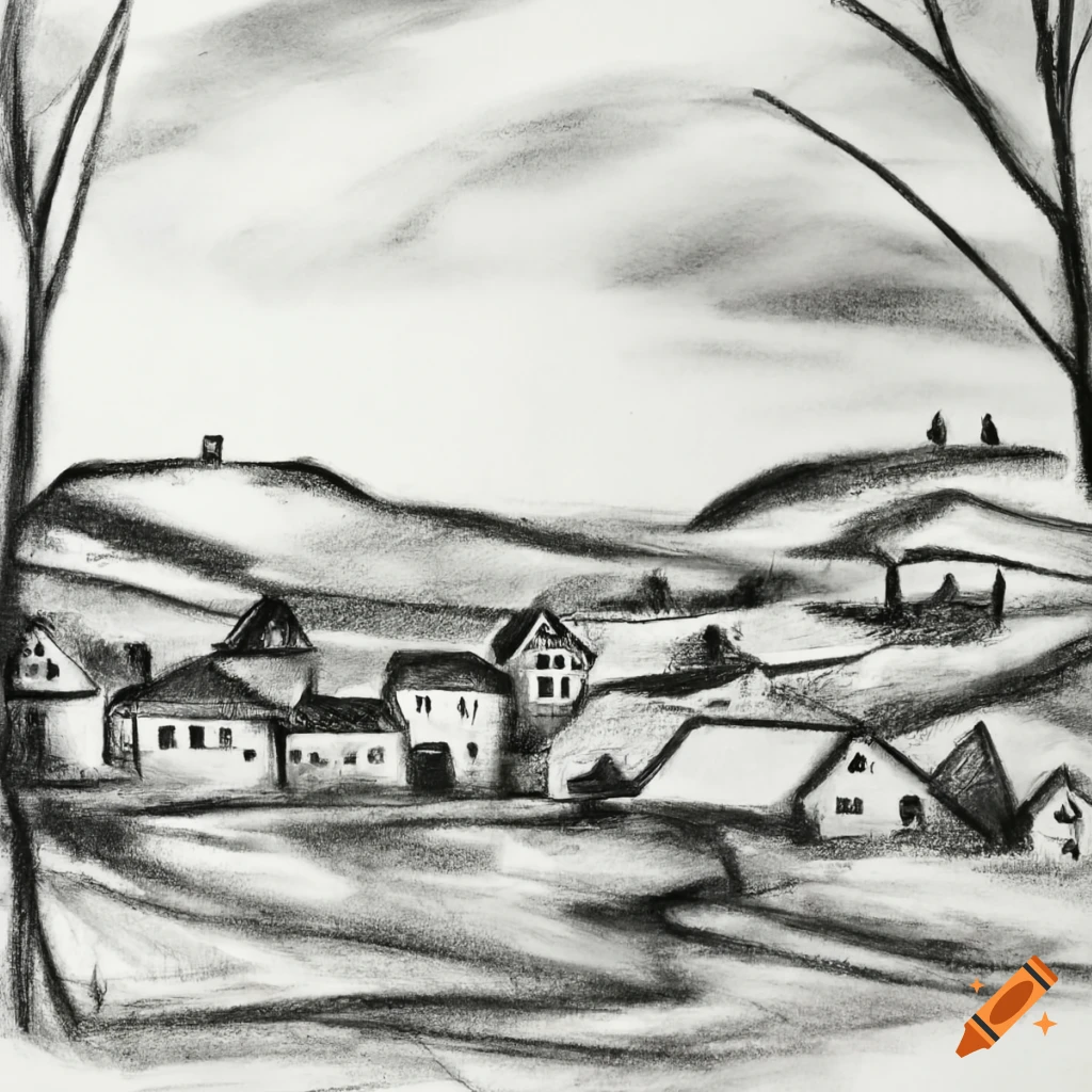 Black and white charcoal drawing of a small village in the landscape on ...