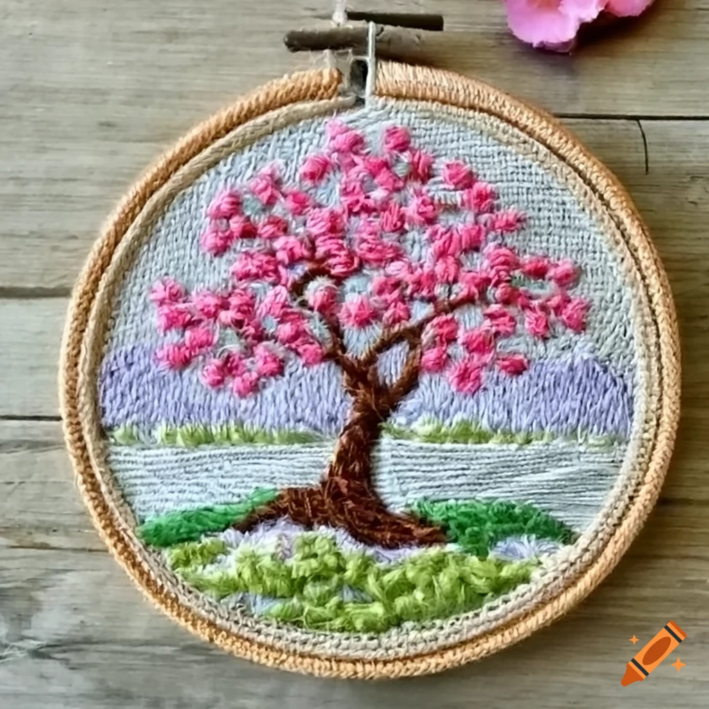 Pink tree by the lake in a spring embroidery design on Craiyon