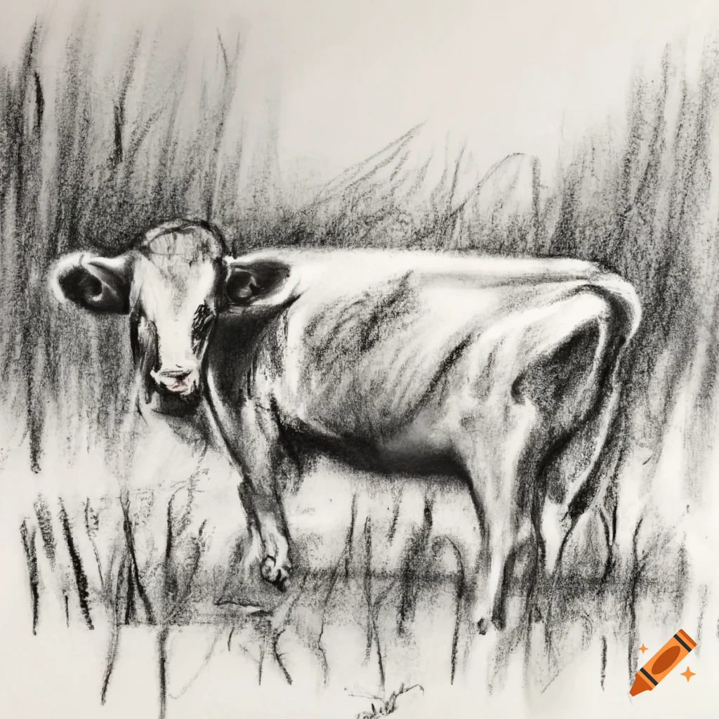 Cows grazing in a meadow in black and white charcoal drawing on Craiyon