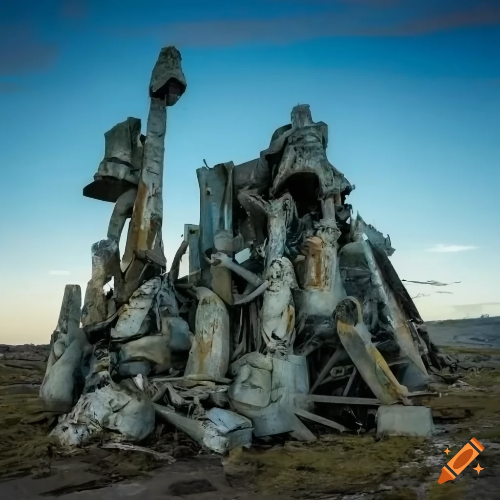 Pile of destroyed statues in a post-apocalyptic junk garbage web on Craiyon