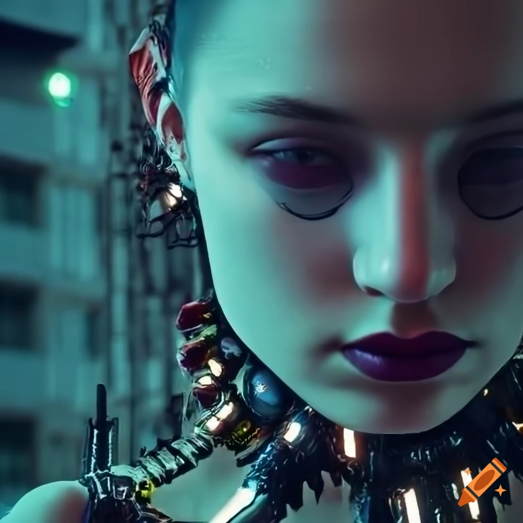 Female cyborg goddess in a dark cyberpunk cityscape on Craiyon