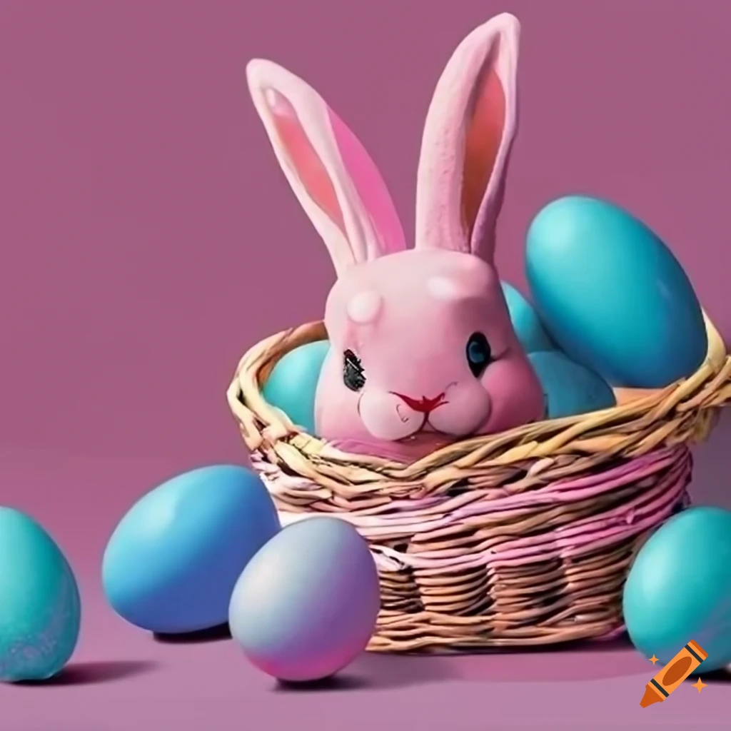 Vibrant easter scene with colorful eggs and happy easter bunnies on Craiyon