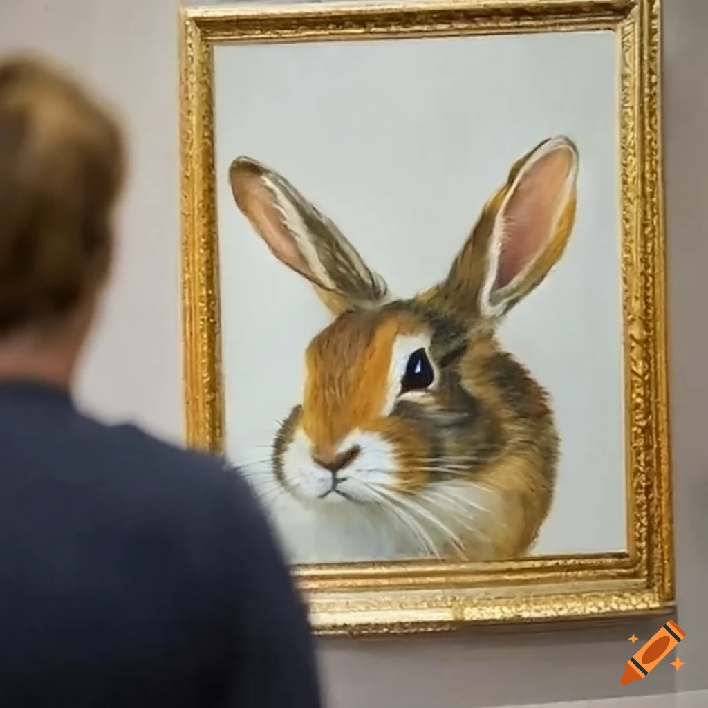 Rabbit painting in an art gallery with people admiring it on Craiyon