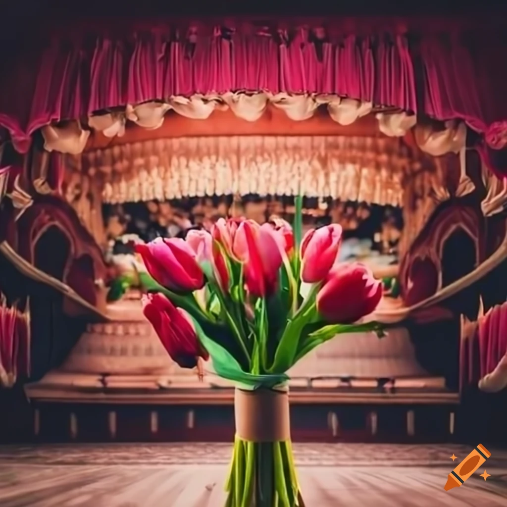 Flower bouquet of tulips and roses in front of a theater stage on Craiyon