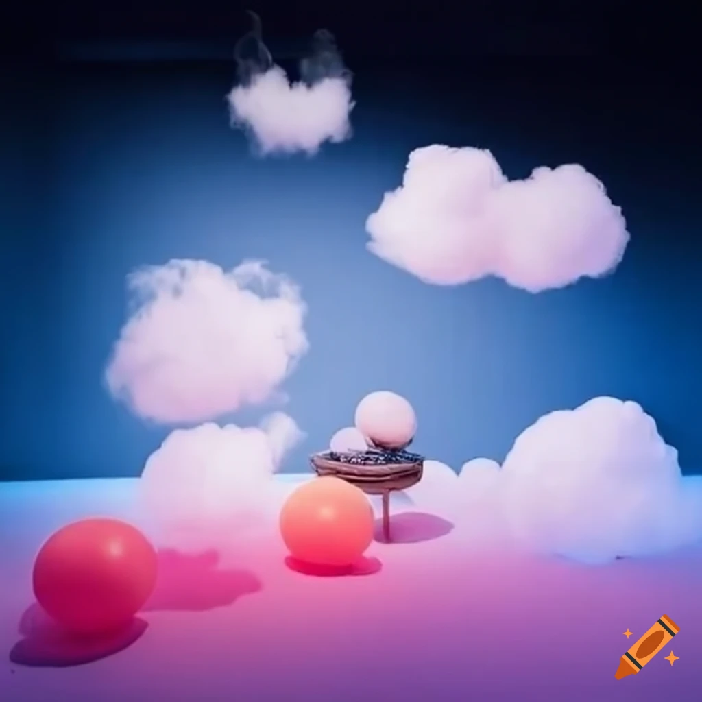 Wacky dream room with clouds and floating balls on Craiyon