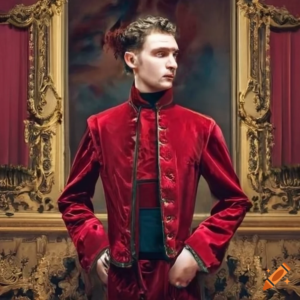 Man in red velvet smoking jacket posing in a rococo-style room on Craiyon