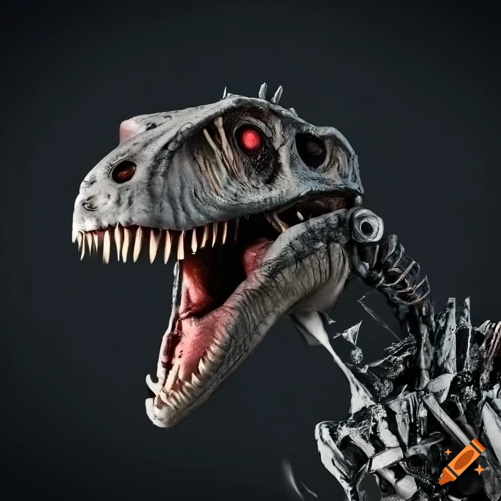 Roaring cyborg dinosaur terminator with laser eyes on a smoky ...