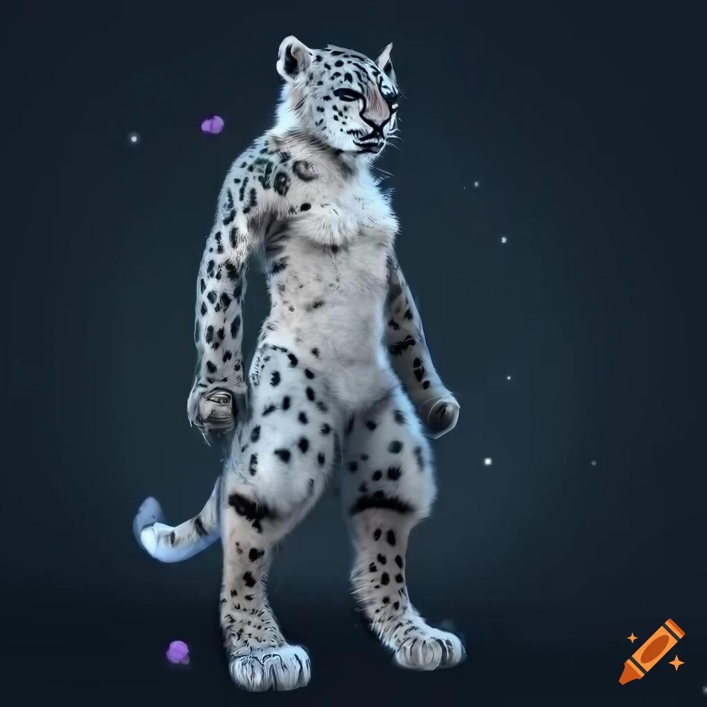 Anthropomorphic snow leopard with blue eyes standing in snowy forest on ...