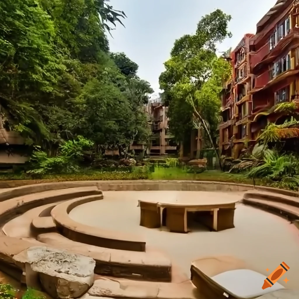 Indian apartment garden with amphitheater and play area on Craiyon