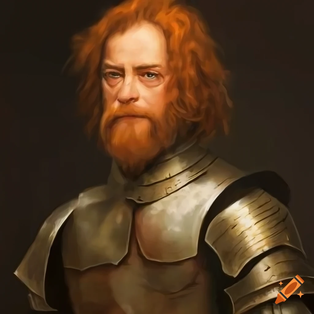 Portrait of a strong handsome older man with ginger hair in knight ...