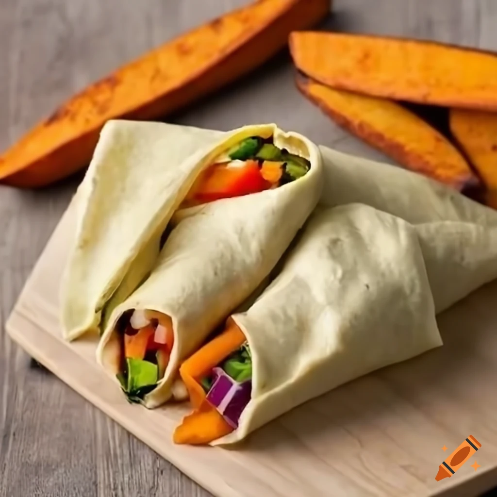Vegetable wraps and sweet potato wedges with hummus on Craiyon