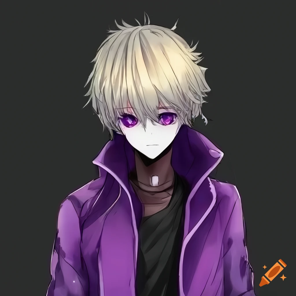 Anime styled young man with Blonde hair, purple jacket, white mask and ...