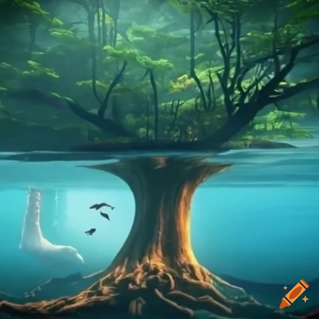 Avatar tree above a sea showing the tree roots on Craiyon