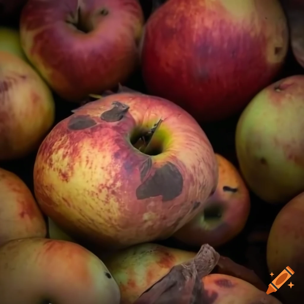 Rotting apples on an orchard floor on Craiyon