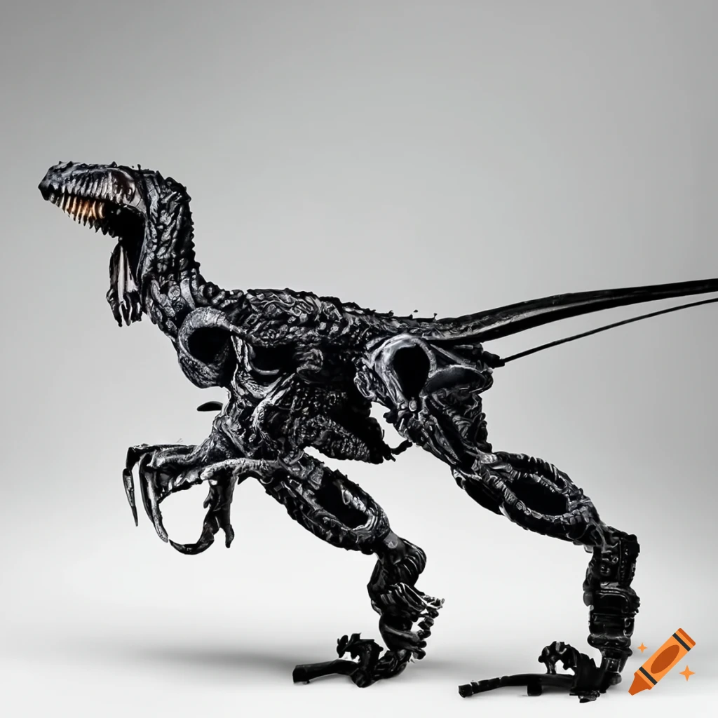 Black velociraptor robot with a tail sword on Craiyon