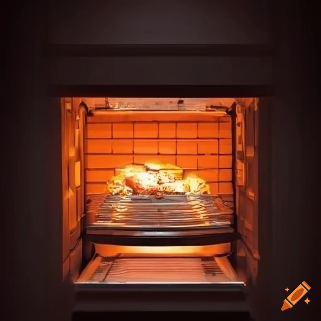 Giant oven in a dark storage room with glowing orange interior on Craiyon