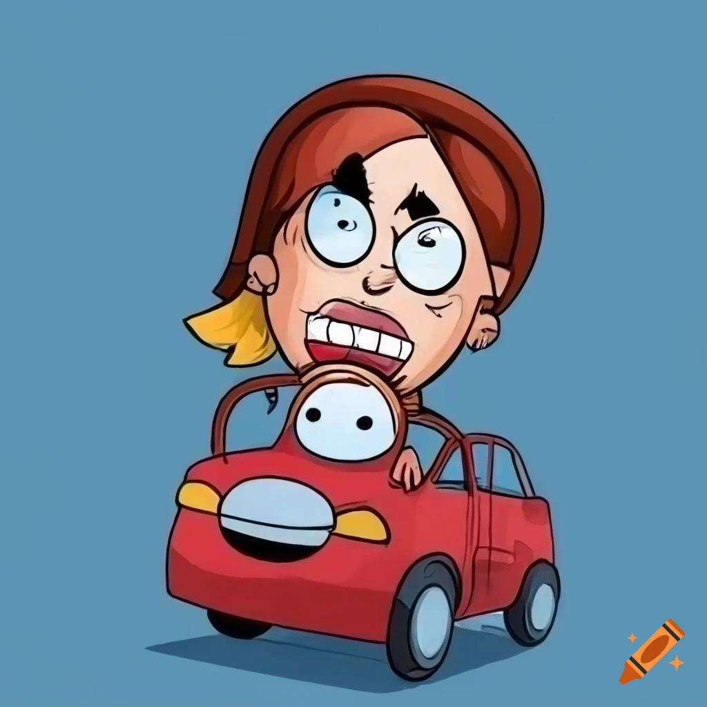 Colorful cartoon of an angry woman stuck in traffic with her car on Craiyon