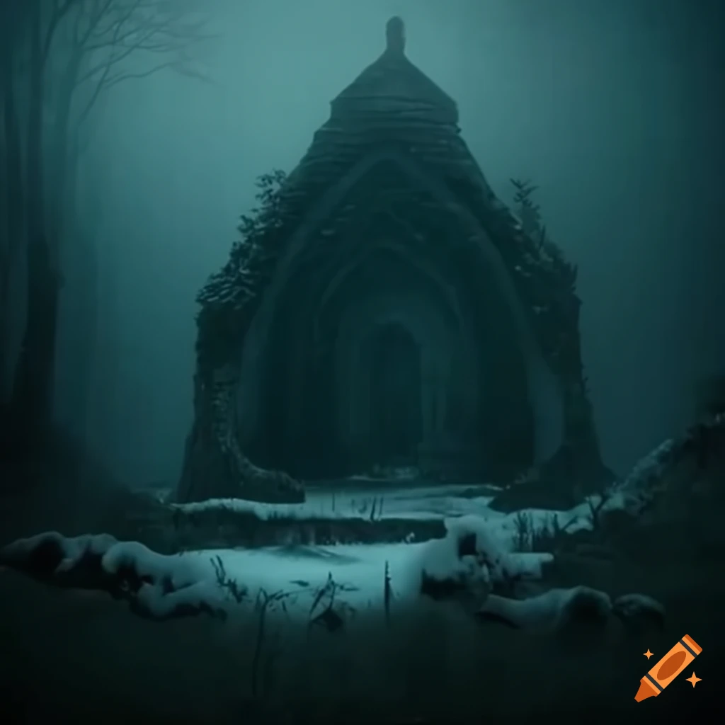 Half-dug grave in a snowy, foggy forest on Craiyon