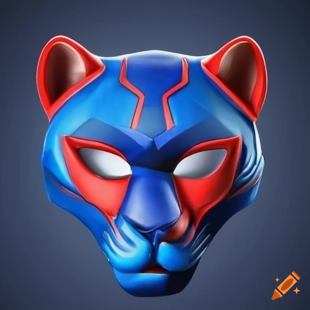 Stylized red and blue panther mask on Craiyon