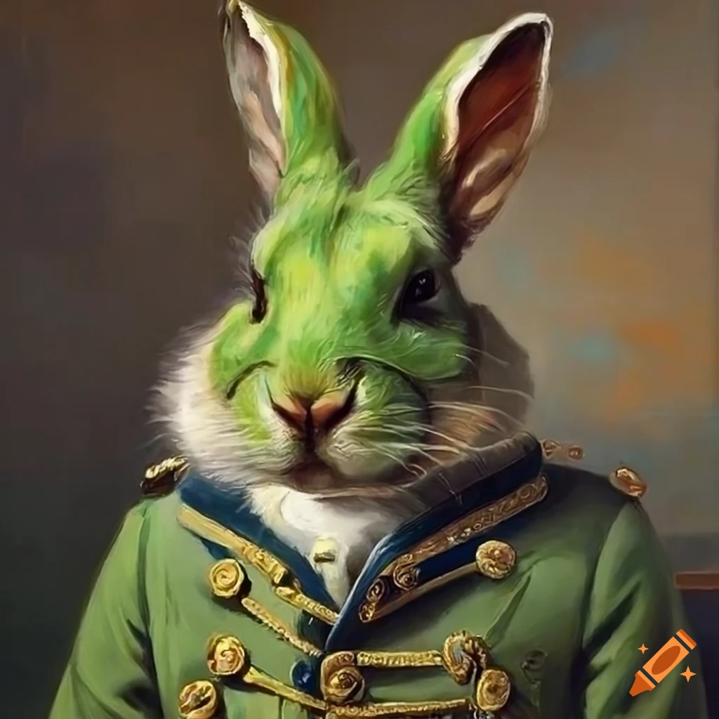 Green rabbit in a detailed us general's uniform oil painting on Craiyon