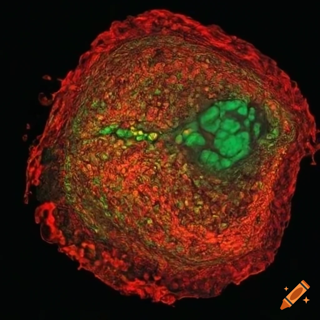 Fluorescent gene transcript in cells of tissue in 3d on Craiyon
