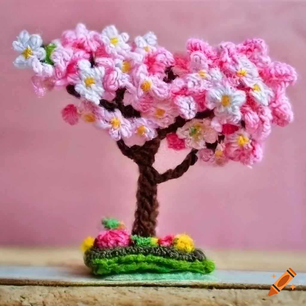 Miniature spring diorama with crochet flowers and pink tree on Craiyon