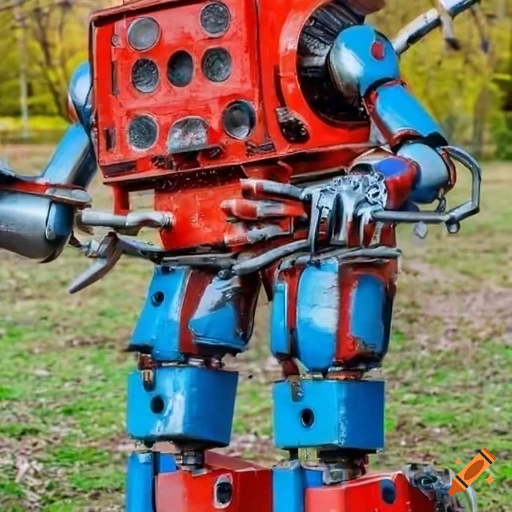 Giant red, blue, and grey metal robot with claw and chainsaw arms on ...