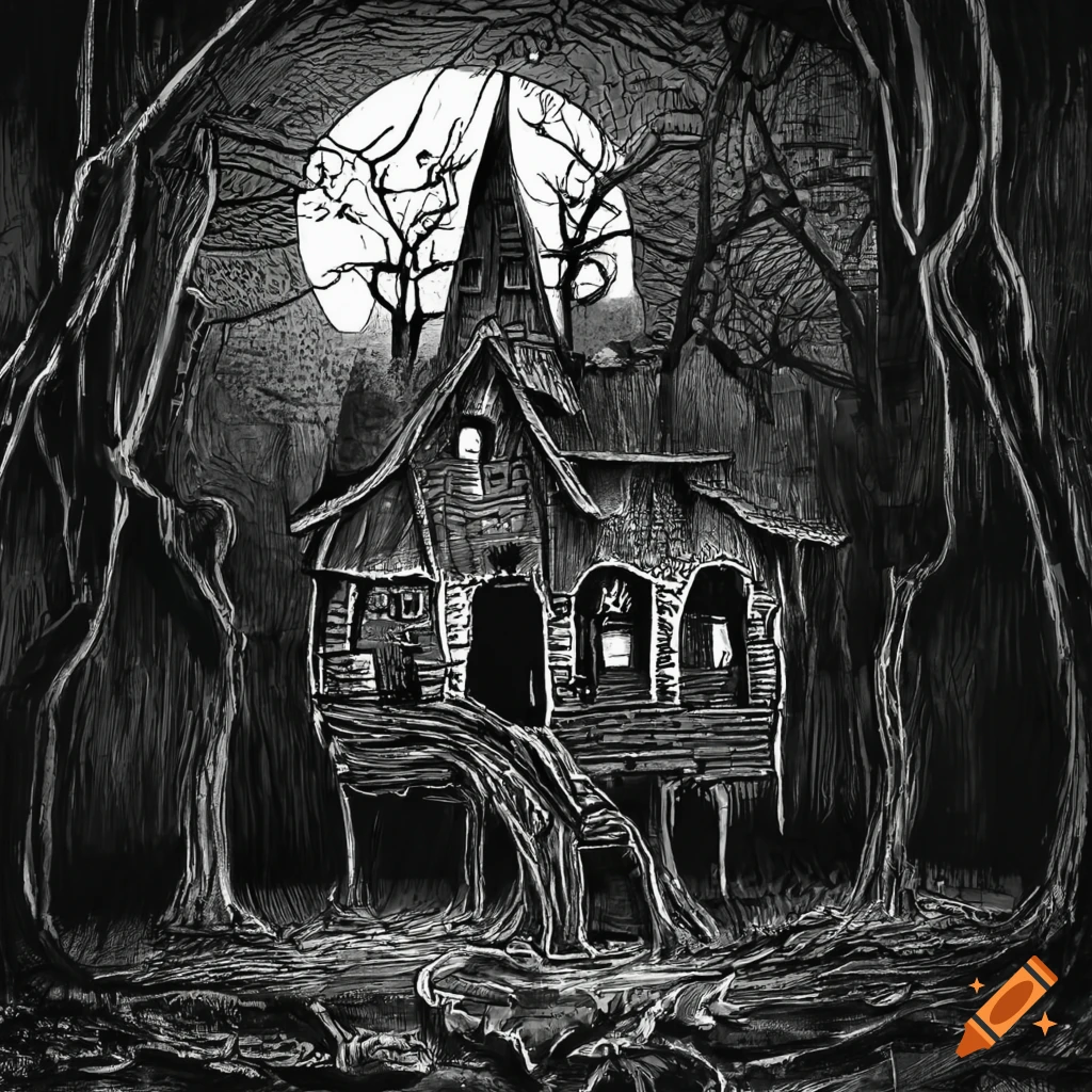 Dark ink drawing of a haunted tree house in a forest on Craiyon