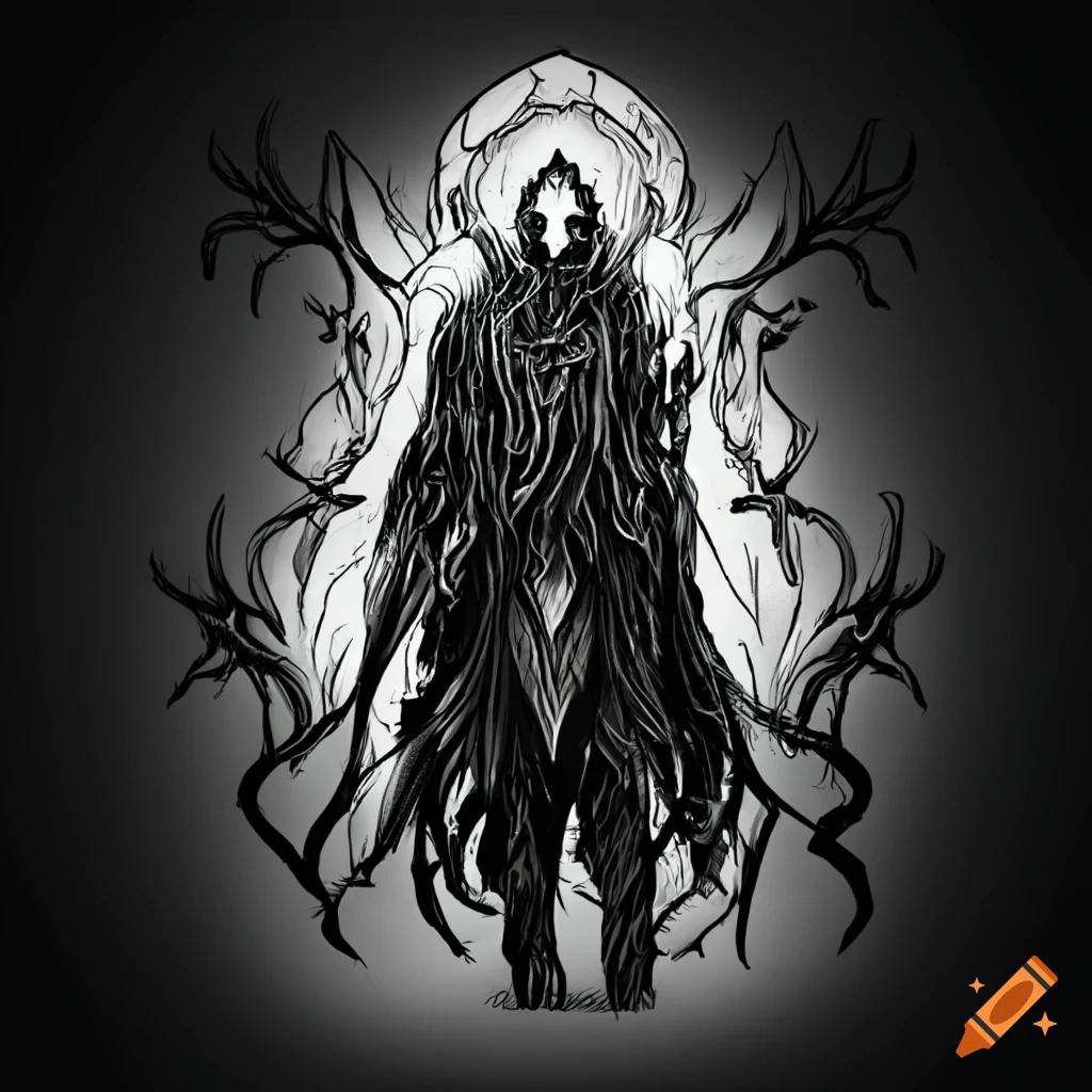 Black and white lineart of a necromancer on Craiyon