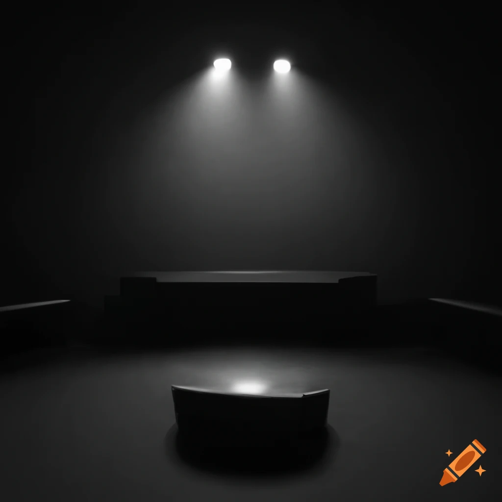 Minimalist theater stage scene with a table and a single seat in a ...