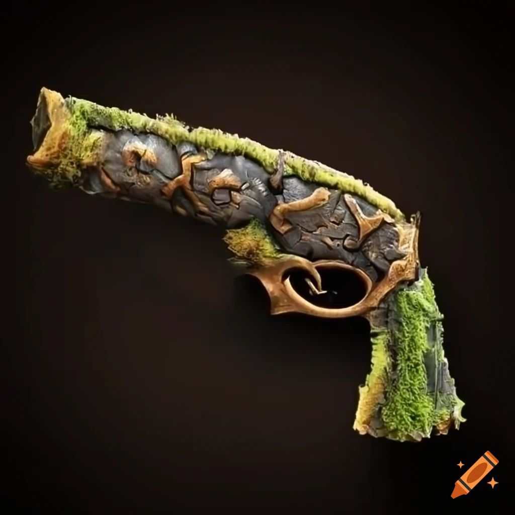 Fantasy pistol crafted from an ancient mossy tree stump on Craiyon